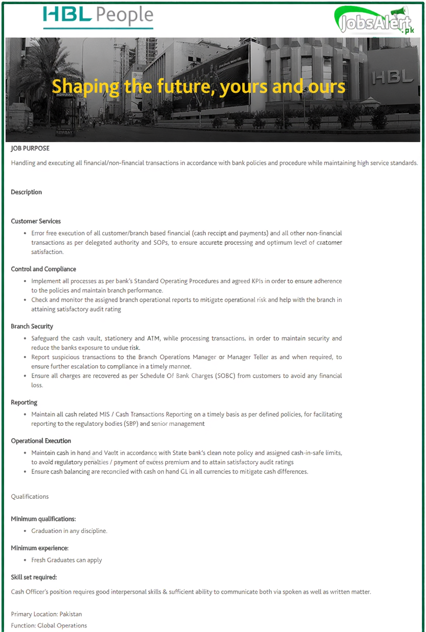 HBL Jobs 2025 – Online Application for Cash Officer / Customer Services ...